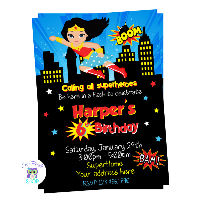 Wonder Woman Invitation - Superhero Birthday – Cute Pixels Shop